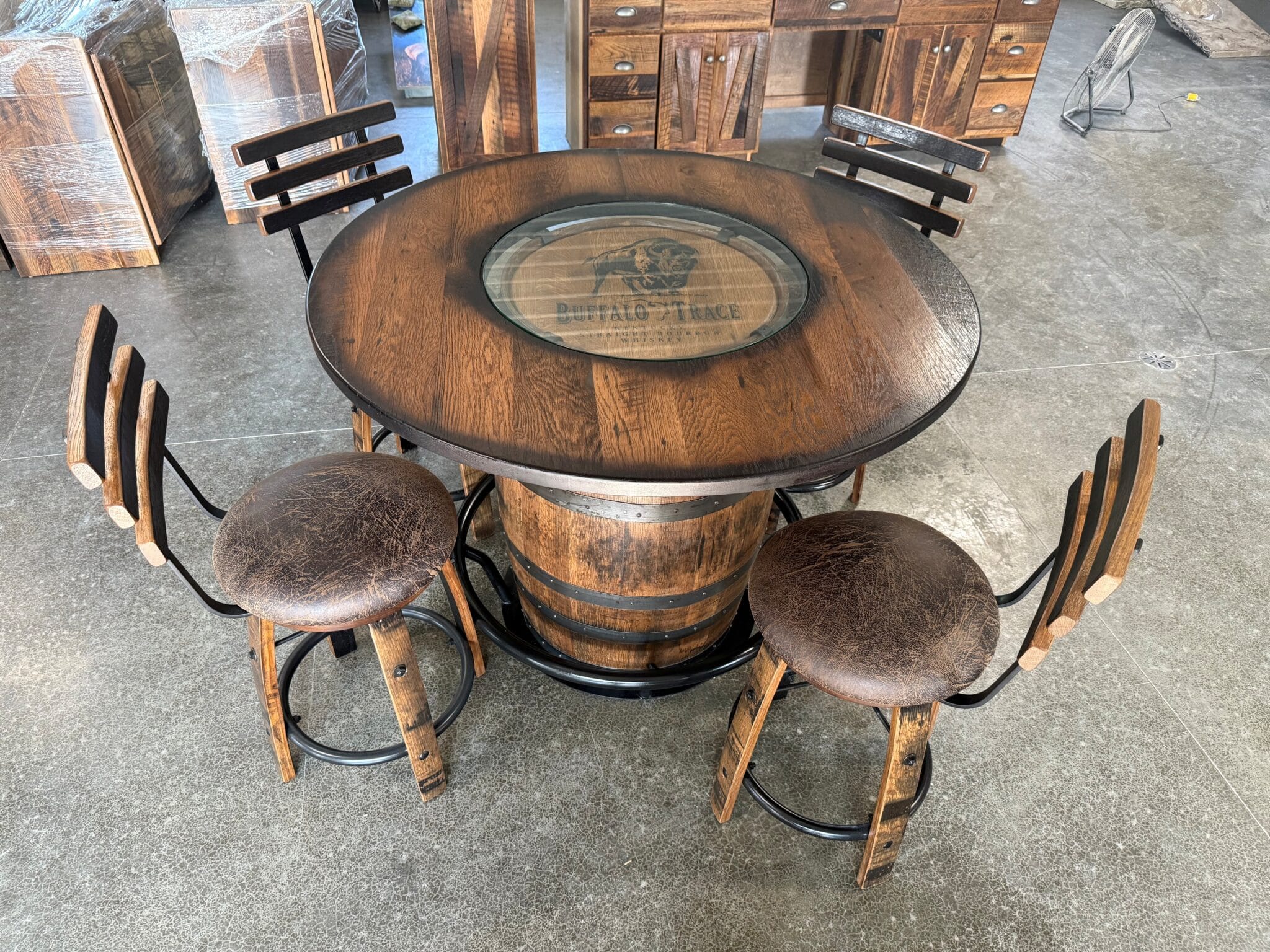 Whiskey Barrel Table Set with Buffalo Trace Print - Lux-Crete Design